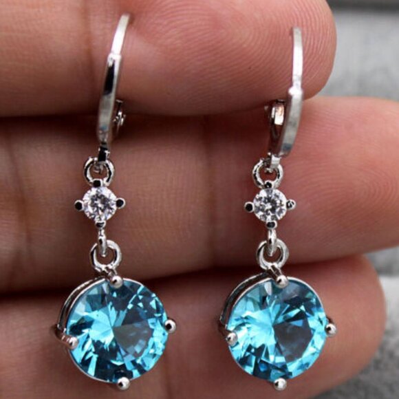 Jewelry | 18k White Gold Filled Silver Sea Blue Diamond Zircon Dangle ...